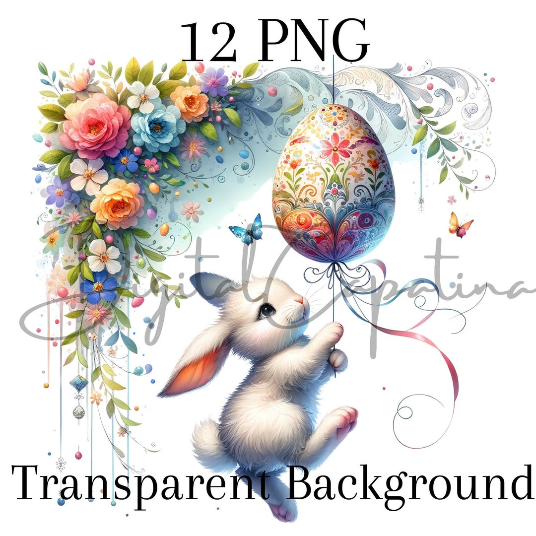 Watercolor Bunny With Eggs Clipart 12 PNG Spring Clipart Digital ...
