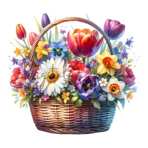 Watercolor Spring Flowers Basket Clipart 13 PNG Floral Basket Digital ...