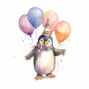 Birthday Penguin With Baloons Clipart 8 High Quality Jpgs Watercolor ...