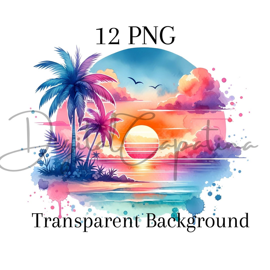 Watercolor Tropical Sunset Clipart 12 PNG Digital Graphics Digital ...