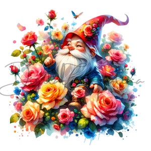 Watercolor Rose Gnome Clipart 16 PNG Spring Clipart Flower Gnome ...