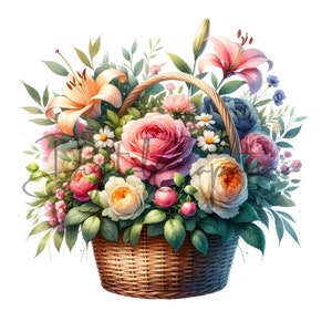 Watercolor Spring Flowers Basket Clipart 13 PNG Floral Basket Digital ...