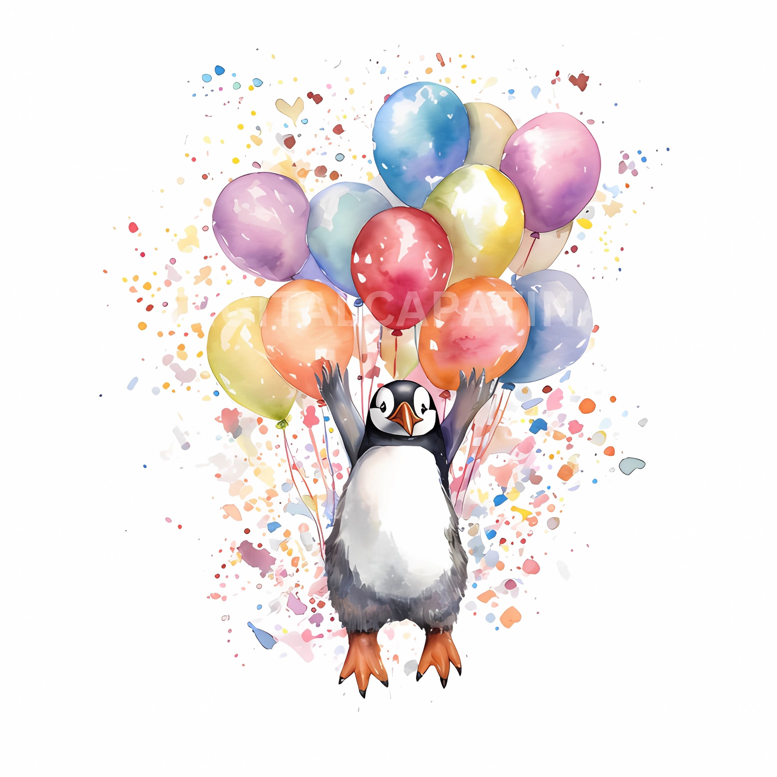 Birthday Penguin With Baloons Clipart 8 High Quality Jpgs Watercolor ...