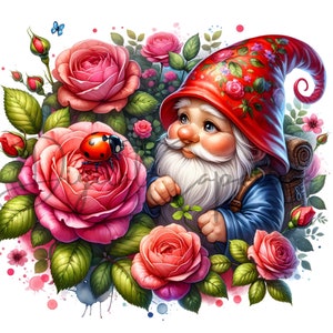Watercolor Rose Gnome Clipart 16 PNG Spring Clipart Flower Gnome ...