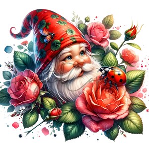 Watercolor Rose Gnome Clipart 16 PNG Spring Clipart Flower Gnome ...