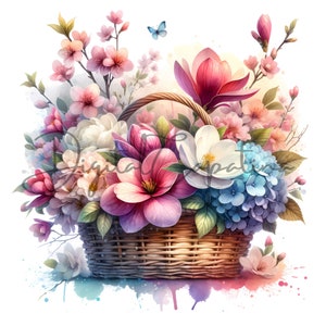 Watercolor Spring Flowers Basket Clipart 13 PNG Floral Basket Digital ...
