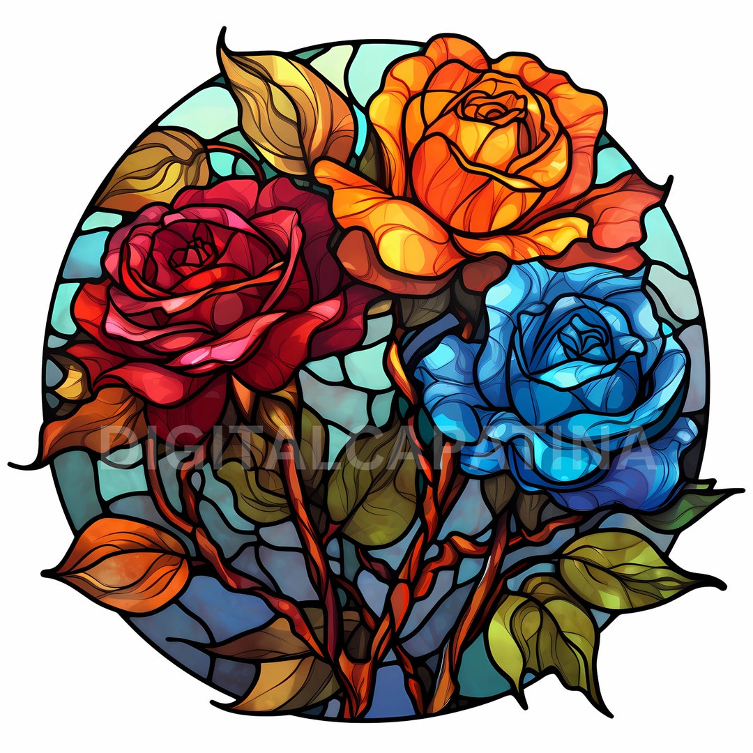 Stained Glass Roses Clipart Bundle 16 High-quality Jpgs, Digital ...