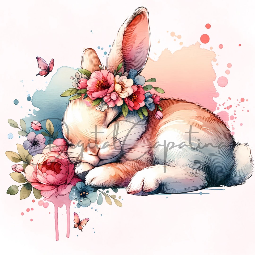 Watercolor Bunny Clipart Flowers Clipart 12 PNG Spring Clipart Digital ...