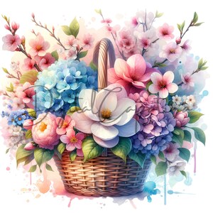 Watercolor Spring Flowers Basket Clipart 13 PNG Floral Basket Digital ...