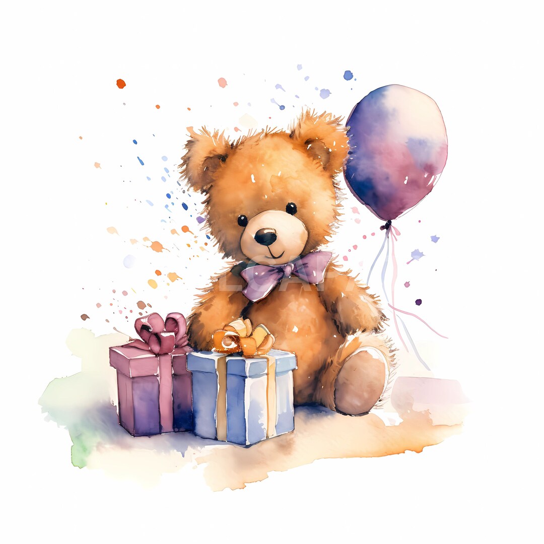 Birthday Watercolor Bear Clipart 20 High Quality Jpgs, Digital ...