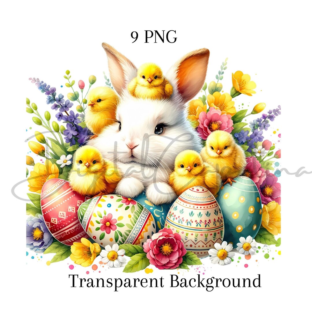 Watercolor Bunny and Chicks Clipart 9 PNG Spring Clipart Digital ...