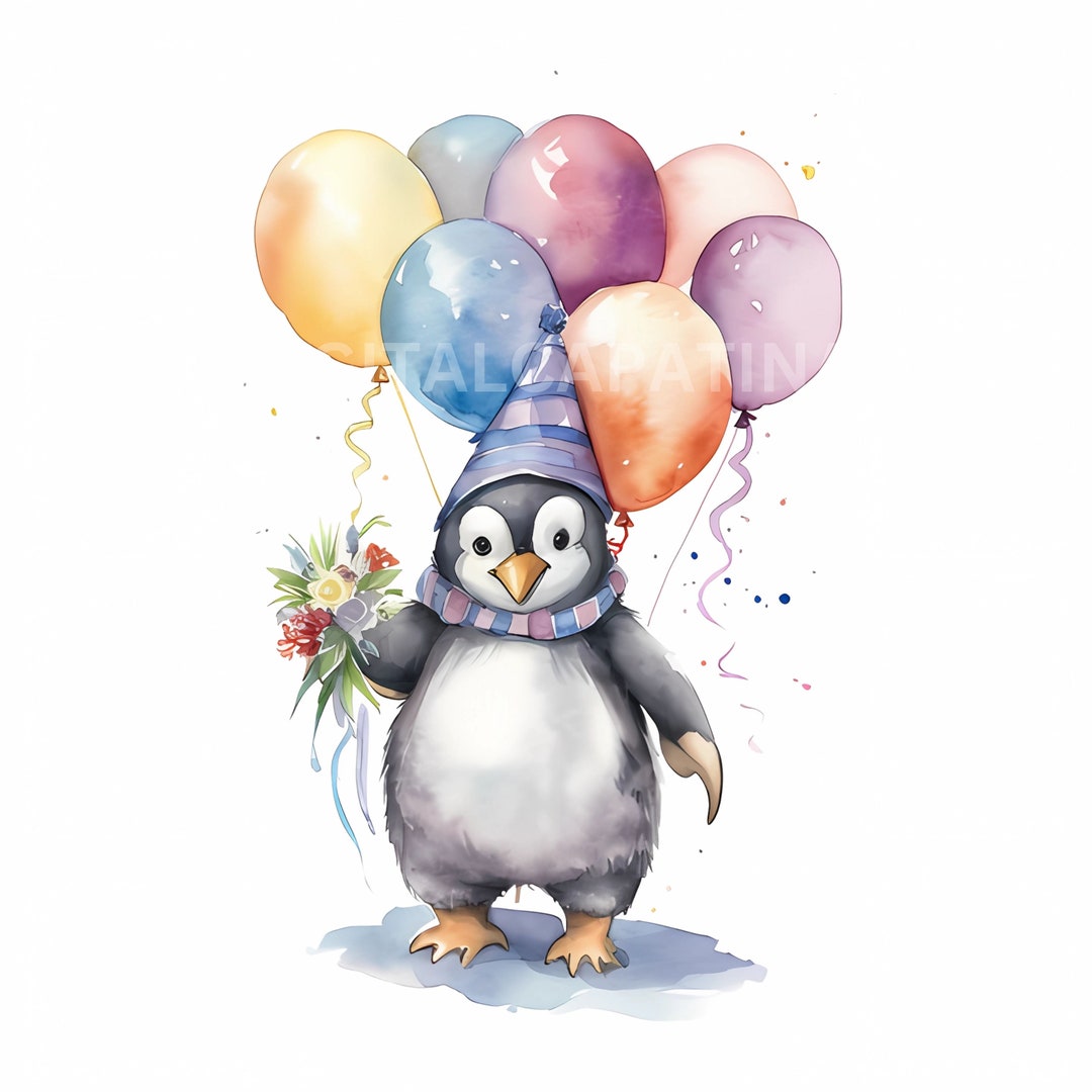 Birthday Penguin With Baloons Clipart 8 High Quality Jpgs Watercolor ...