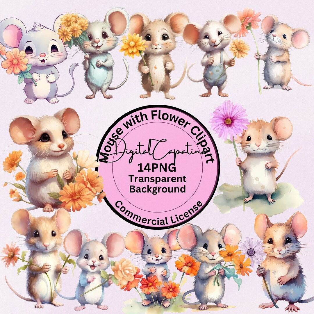 Mouse With Flower Clipart 14 PNG, Mouse Clipart, Digital Download, Card ...