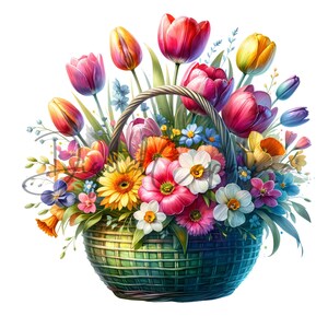 Watercolor Spring Flowers Basket Clipart 13 PNG Floral Basket Digital ...