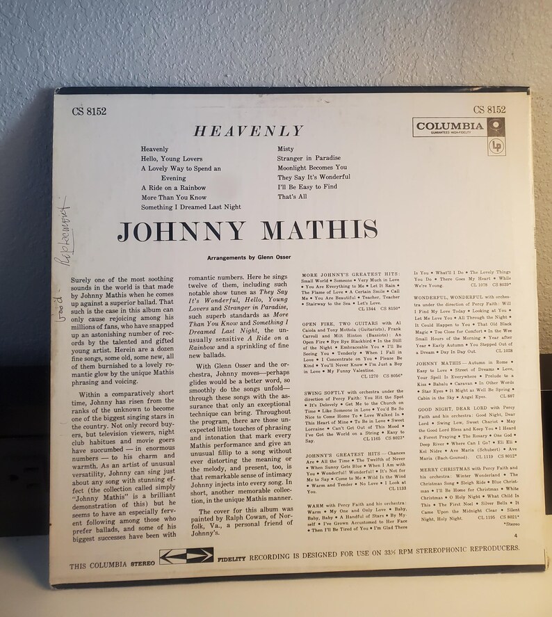 Johnny Mathis "heavenly' 1959 Vocal LP - Etsy