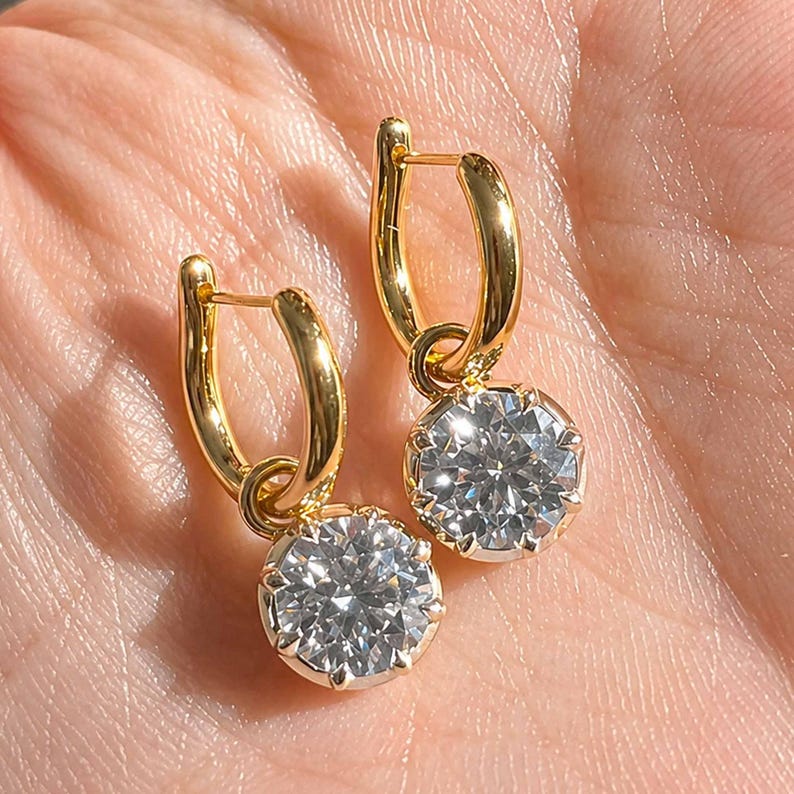 Georgian Style Moissanite Hoop Earrings, 14K Gold Huggie Drop, Vintage ...