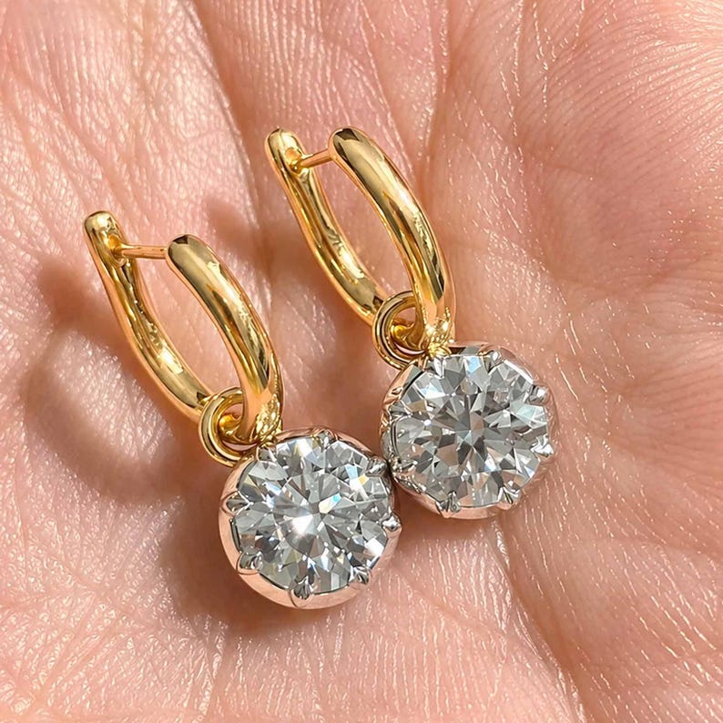 Georgian Style Moissanite Hoop Earrings, 14K Gold Huggie Drop, Vintage ...