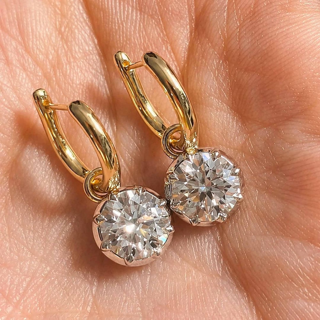 Georgian Style Moissanite Hoop Earrings, 14K Gold Huggie Drop, Vintage ...