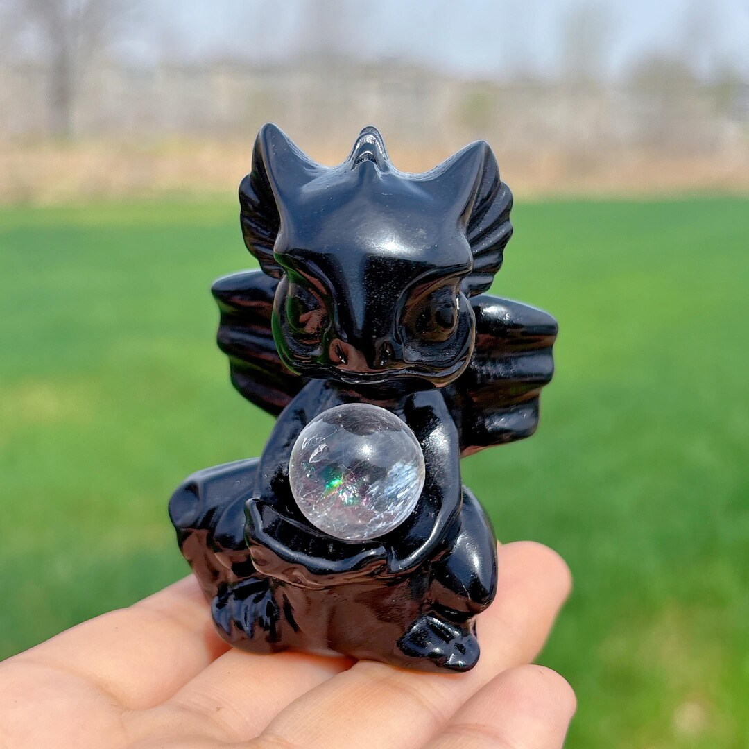 Natural Obsidian Hugging Dragon+rainbow Clear Quartz Sphere,quartz ...