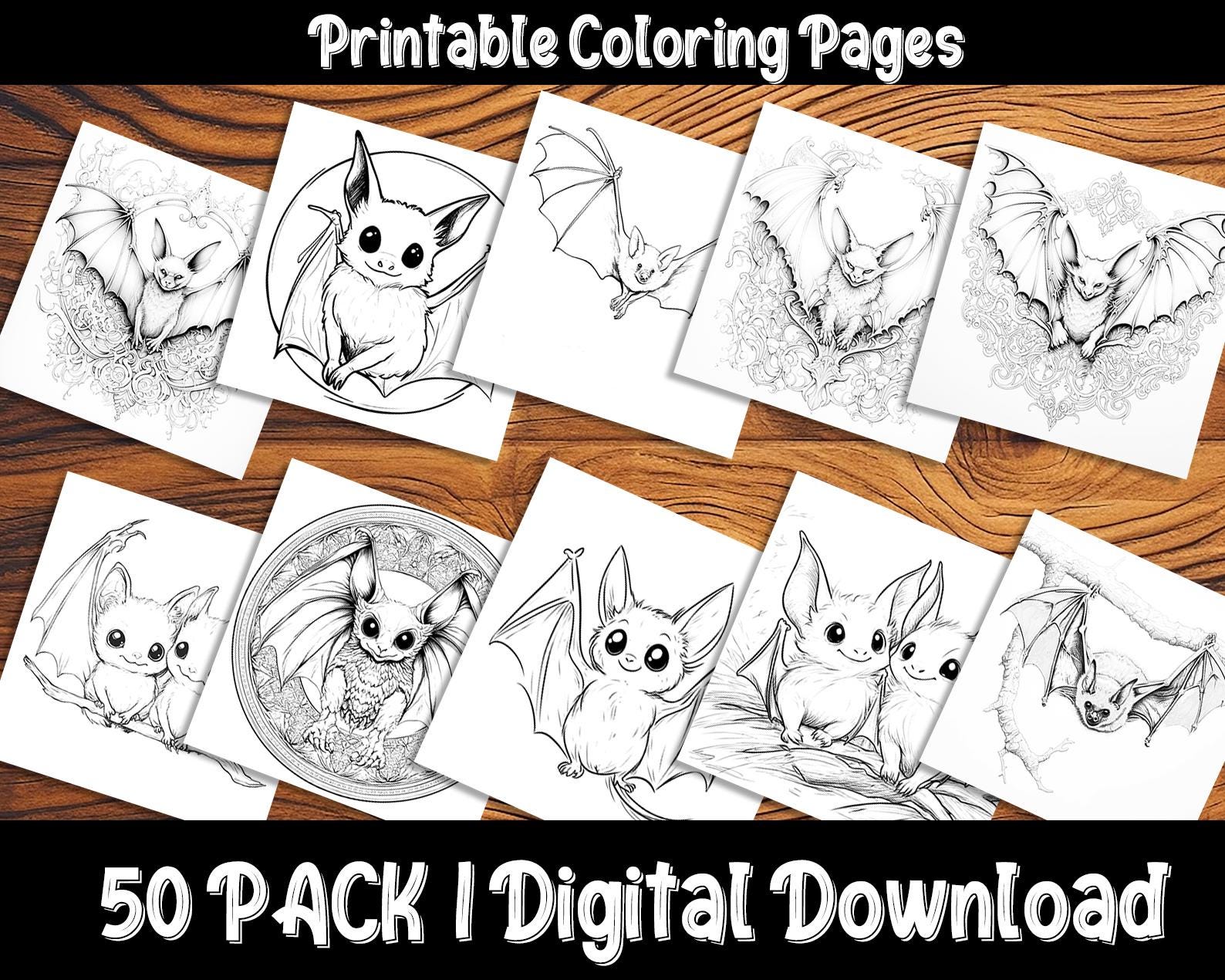 50 Bat Coloring Pages Pack Cute, Cartoon and Realistic Bat Designs for ...