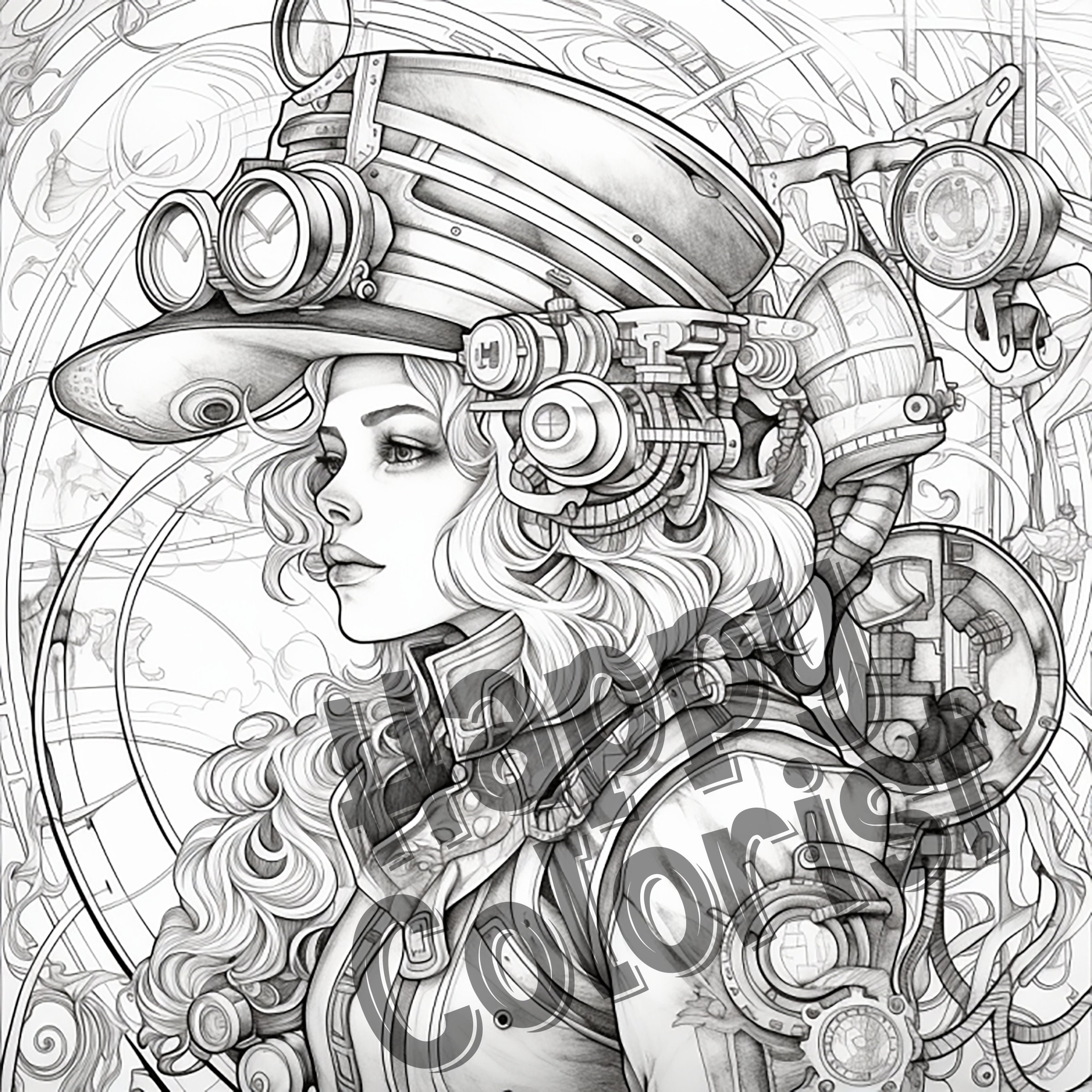 Steampunk Characters Coloring Pages: Intricate Designs of Victorian ...