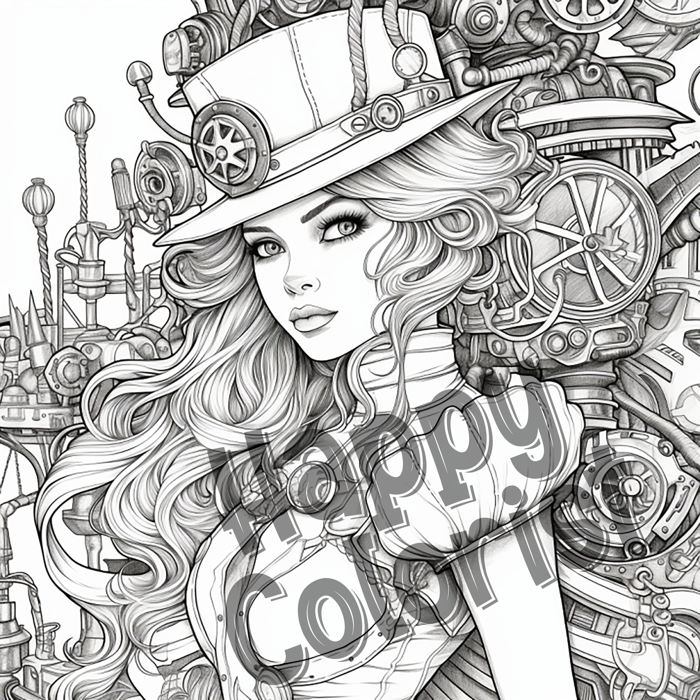 Steampunk Characters Coloring Pages: Intricate Designs of Victorian ...