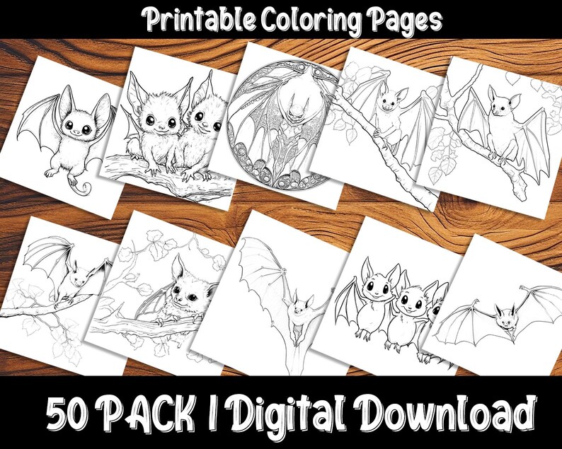 50 Bat Coloring Pages Pack Cute, Cartoon and Realistic Bat Designs for ...