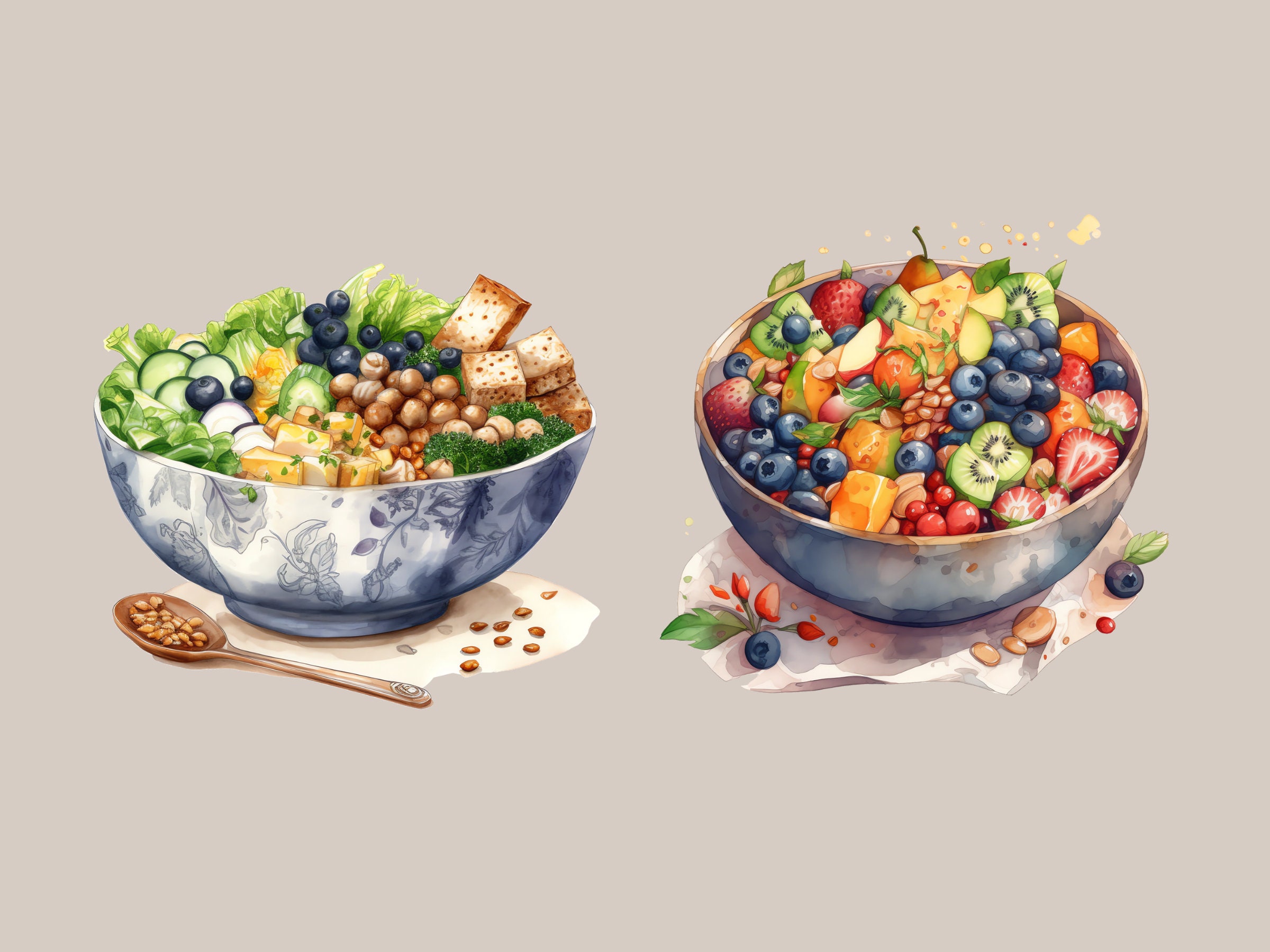 Watercolor Salad Bowl Clipart Bundle, Healthy Diet Clipart, Healthy ...