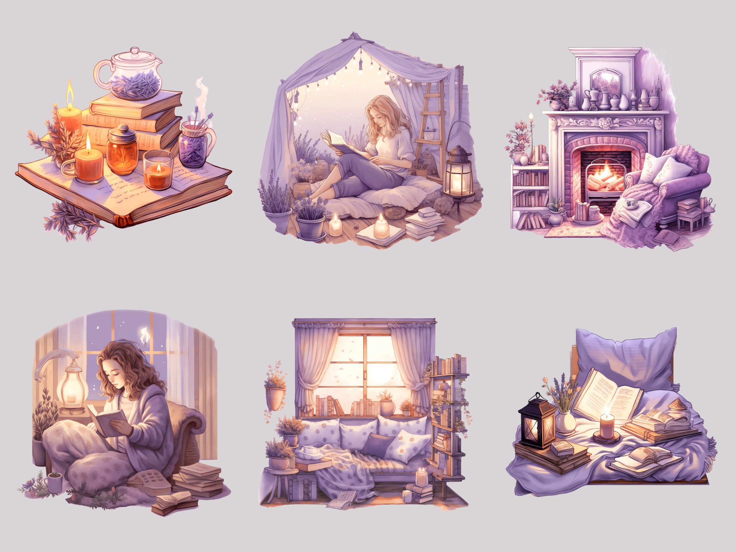 Watercolor Cozy Night Reading Clipart Bundle, Cozy Clipart, Bookworm ...