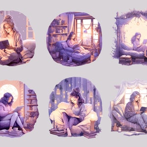 Watercolor Cozy Night Reading Clipart Bundle, Cozy Clipart, Bookworm ...
