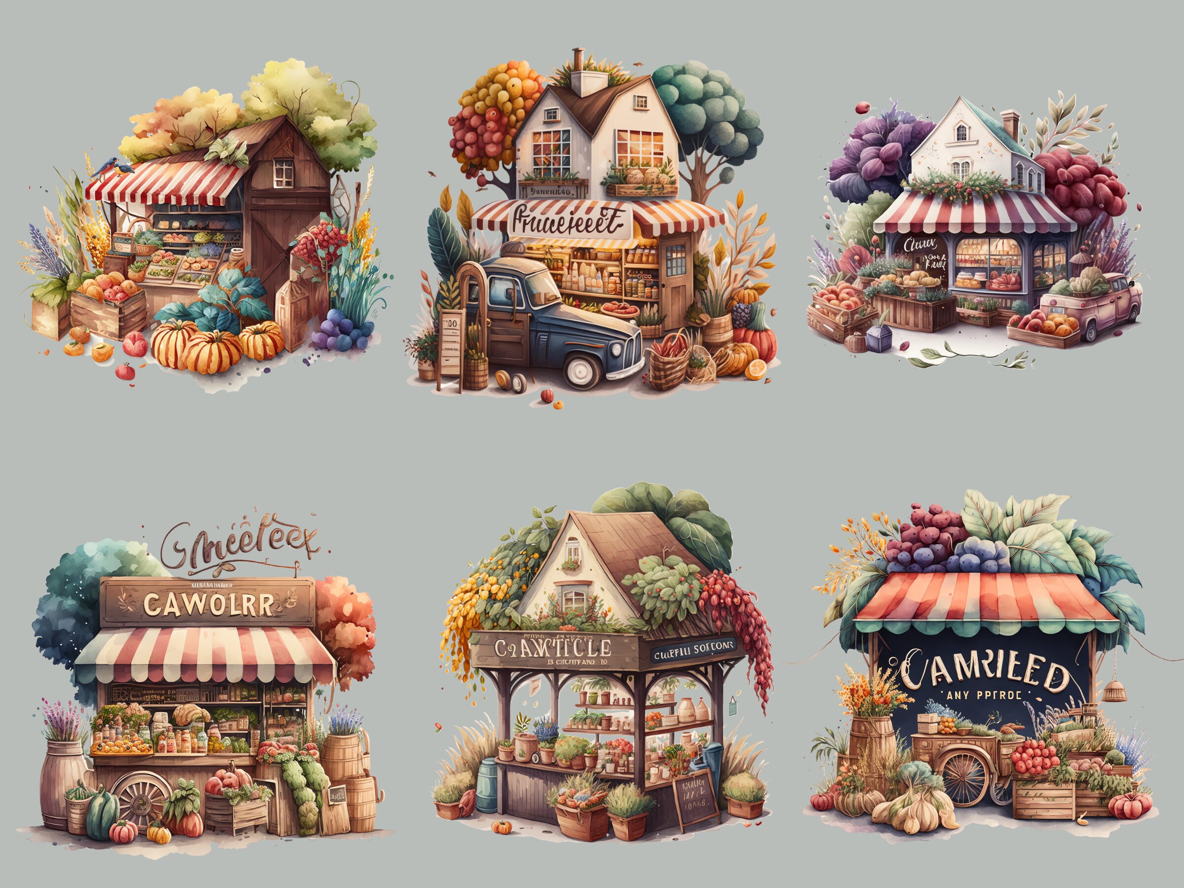 Watercolor Farmers Market Clipart Bundle, Cozy Clipart, Flower Shop ...