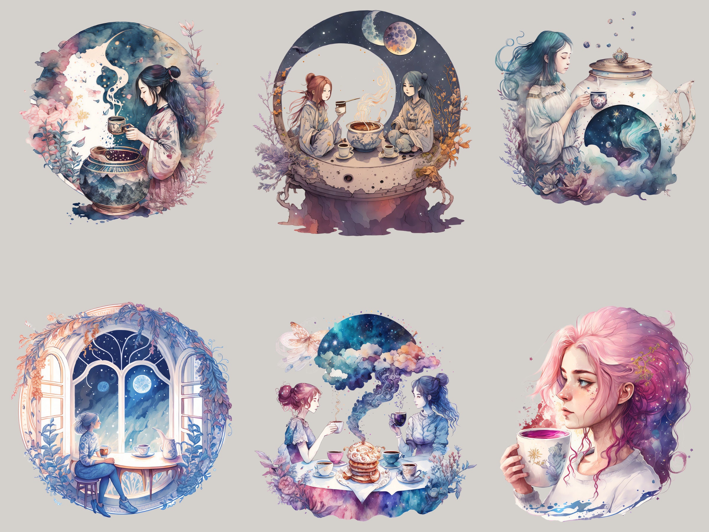 Watercolor Celestial Tea Moments Clipart Bundle, Fantasy Clipart ...