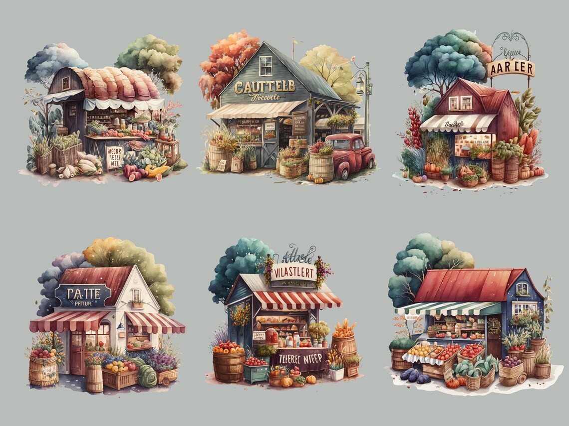 Watercolor Farmers Market Clipart Bundle, Cozy Clipart, Flower Shop ...