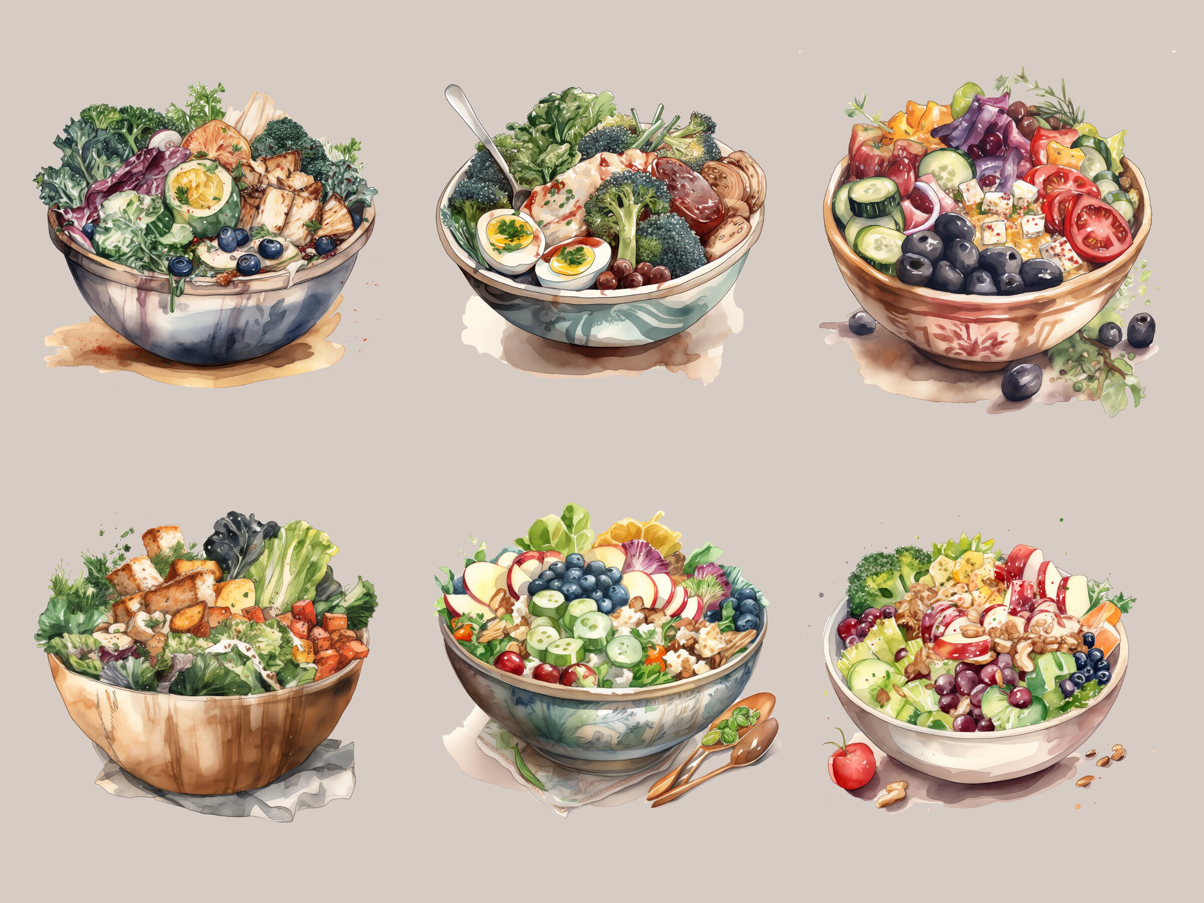 Watercolor Salad Bowl Clipart Bundle, Healthy Diet Clipart, Healthy ...