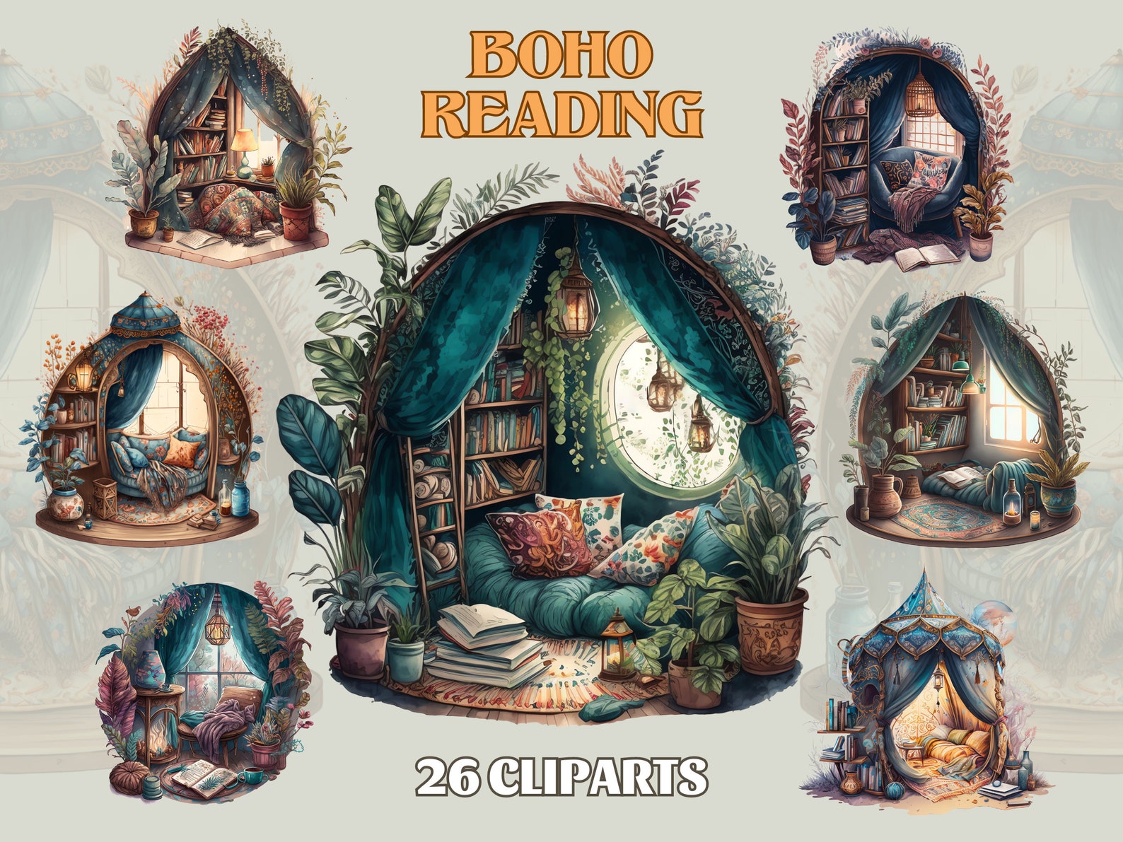 Watercolor Boho Reading Corner Clipart Bundle Cozy Clipart - Etsy