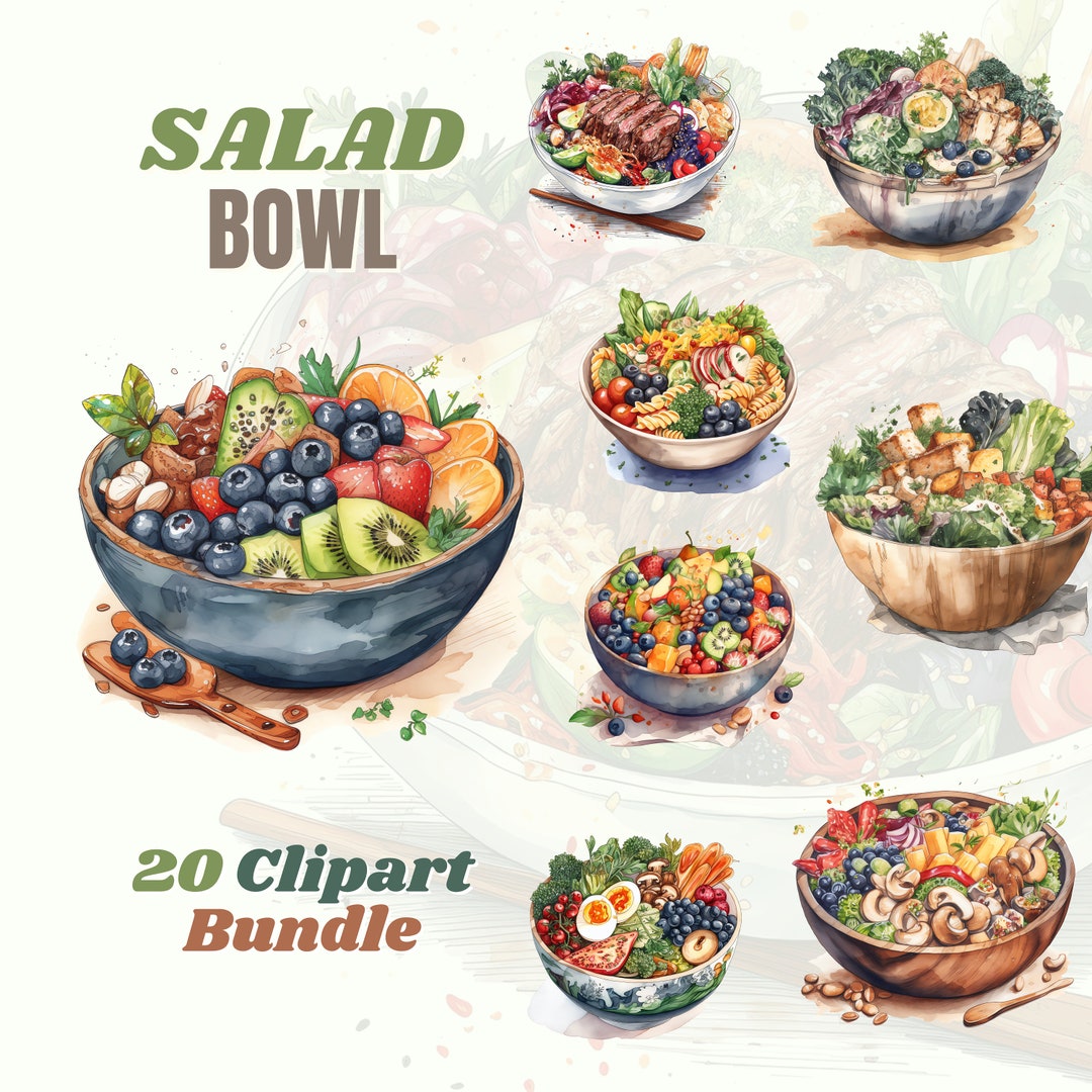 Watercolor Salad Bowl Clipart Bundle, Healthy Diet Clipart, Healthy ...