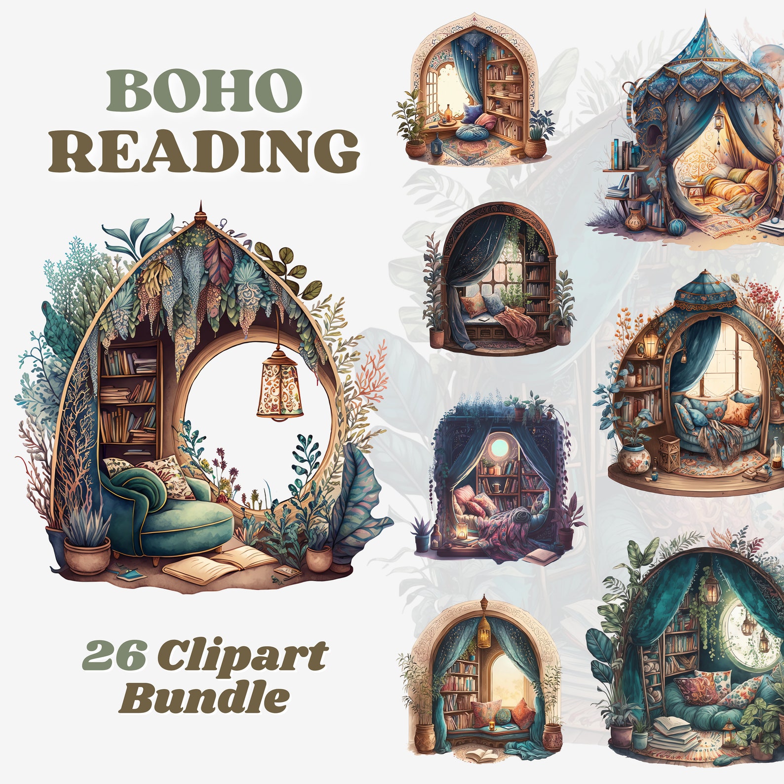Watercolor Boho Reading Corner Clipart Bundle, Cozy Clipart, Bookworm ...