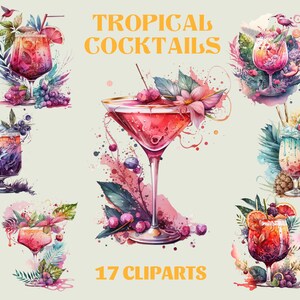 Watercolor Tropical Cocktails Clipart Bundle, Martini, Mojito, Wine ...