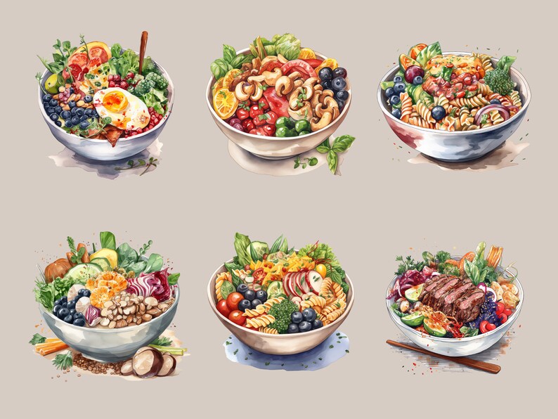 Watercolor salad bowl clipart bundle, healthy diet clipart, healthy ...