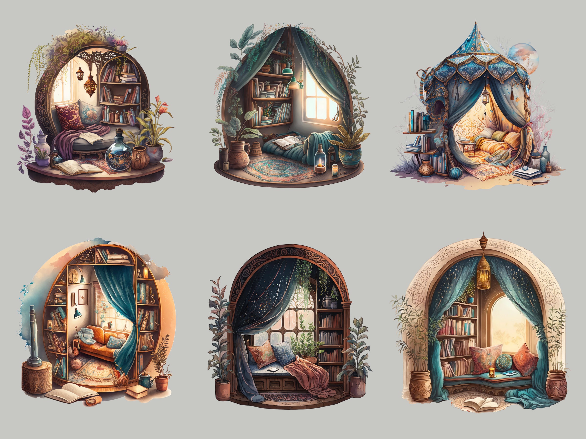 Watercolor Boho Reading Corner Clipart Bundle Cozy Clipart - Etsy