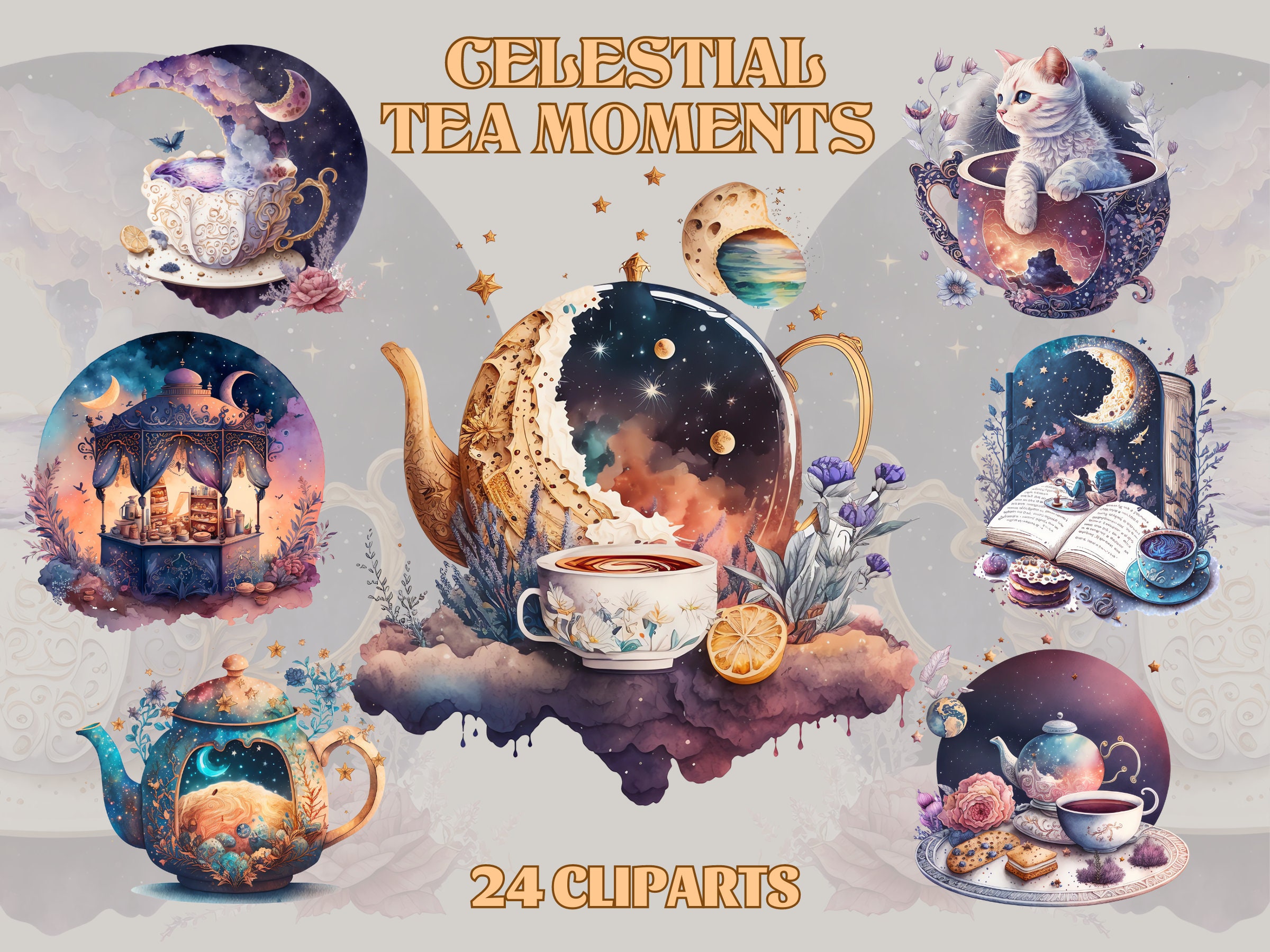 Watercolor Celestial Tea Moments Clipart Bundle Fantasy - Etsy