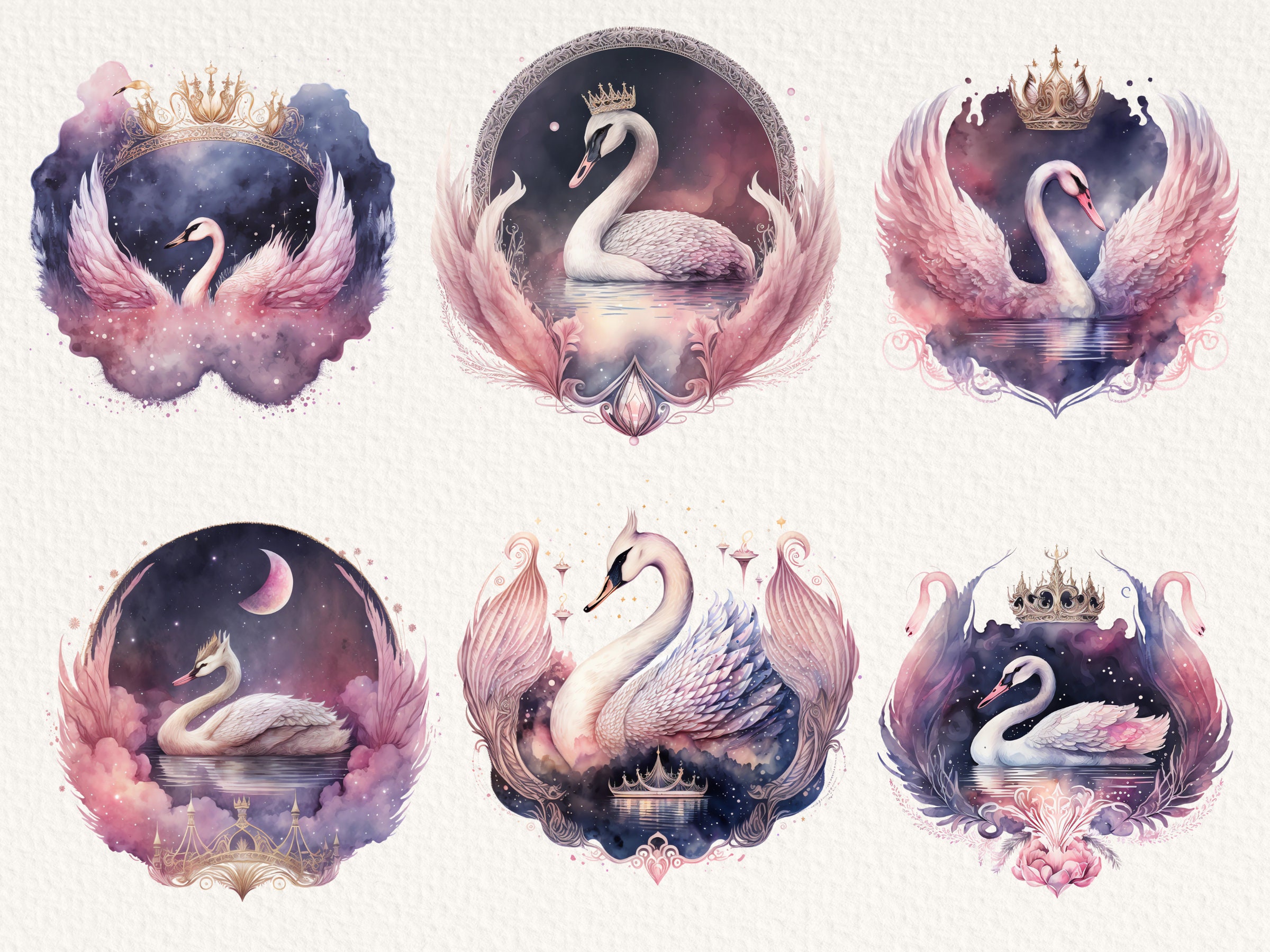 Watercolor Dreamy Swan Clipart Bundle, Landscape, Mystical Clipart ...