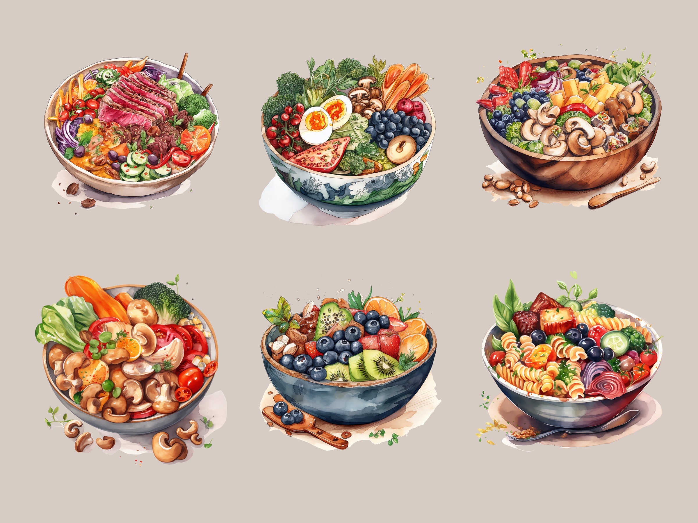 Watercolor Salad Bowl Clipart Bundle, Healthy Diet Clipart, Healthy ...
