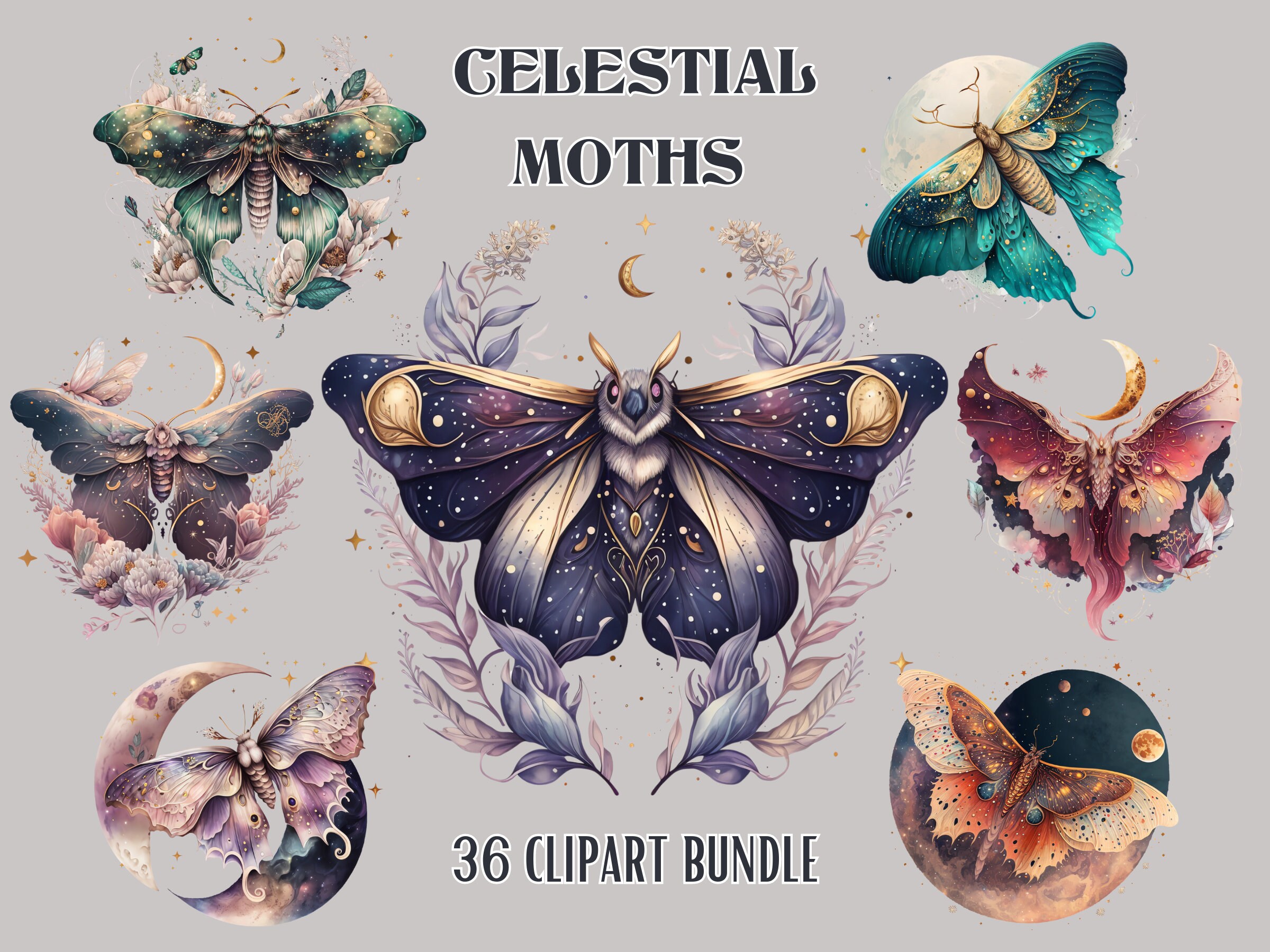 Watercolor Celestial Moth Clipart Bundle Fantasy Clipart - Etsy