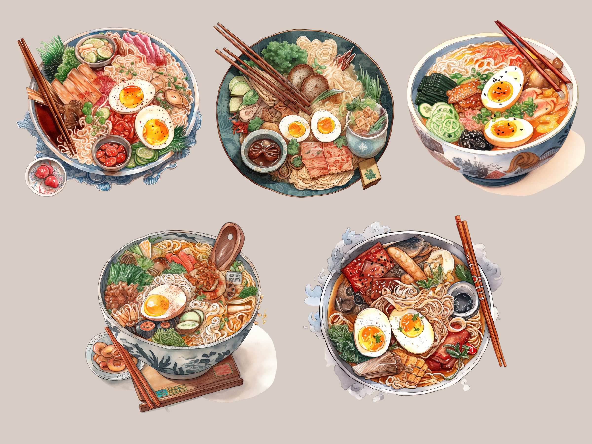 Watercolor Ramen Bowl Clipart Bundle, Japanese Delicacy, Noodle Clipart ...