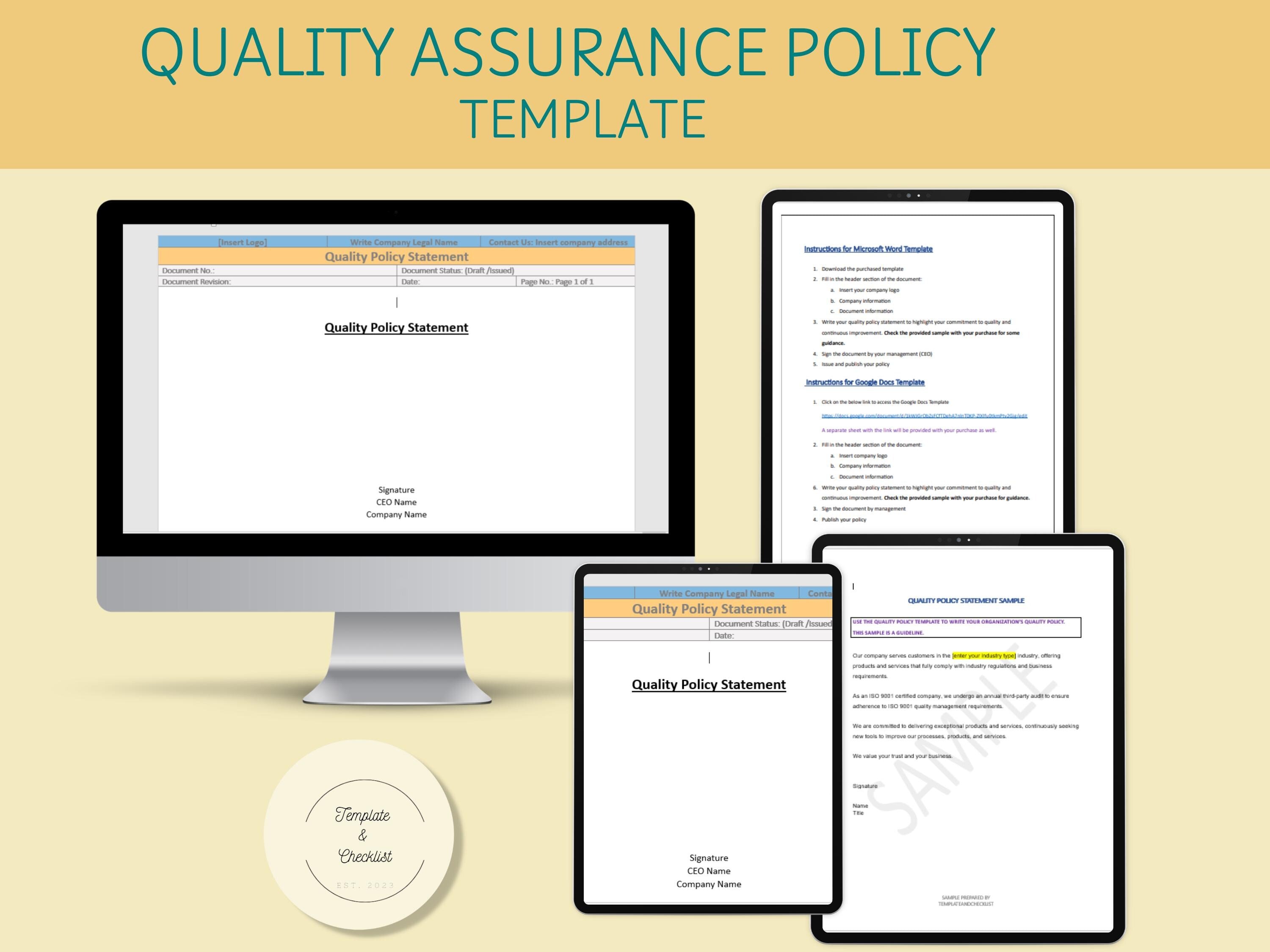 Quality Assurance Policy Template| MS Word Template |quality Management ...