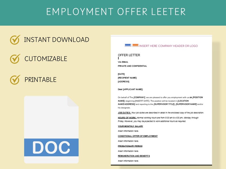 Editable Employment Offer Letter Template: HR Agreement (google Docs ...