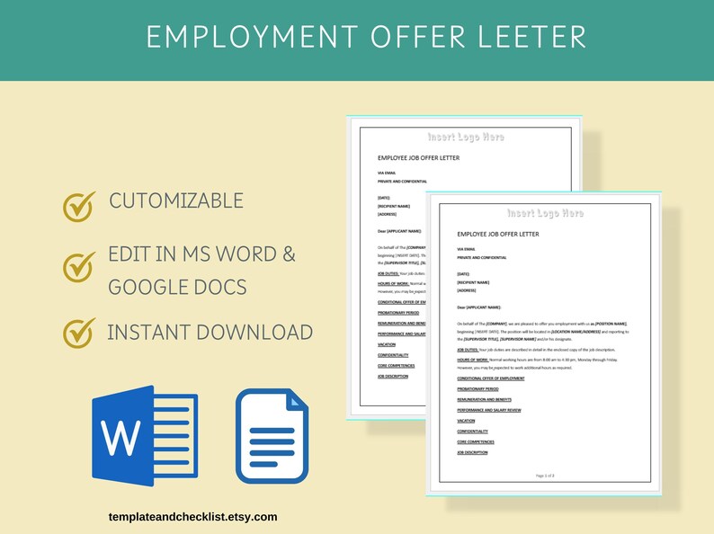 Employment Offer Letter Template: HR Professional (microsoft Word & Google Docs) - Etsy