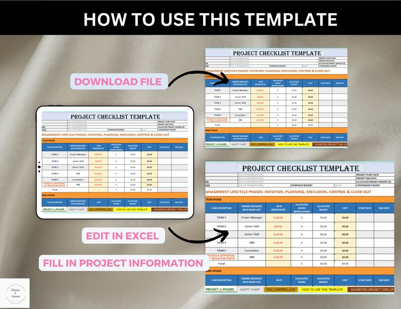 Project Checklist Template Project Phases and Tasks - Etsy