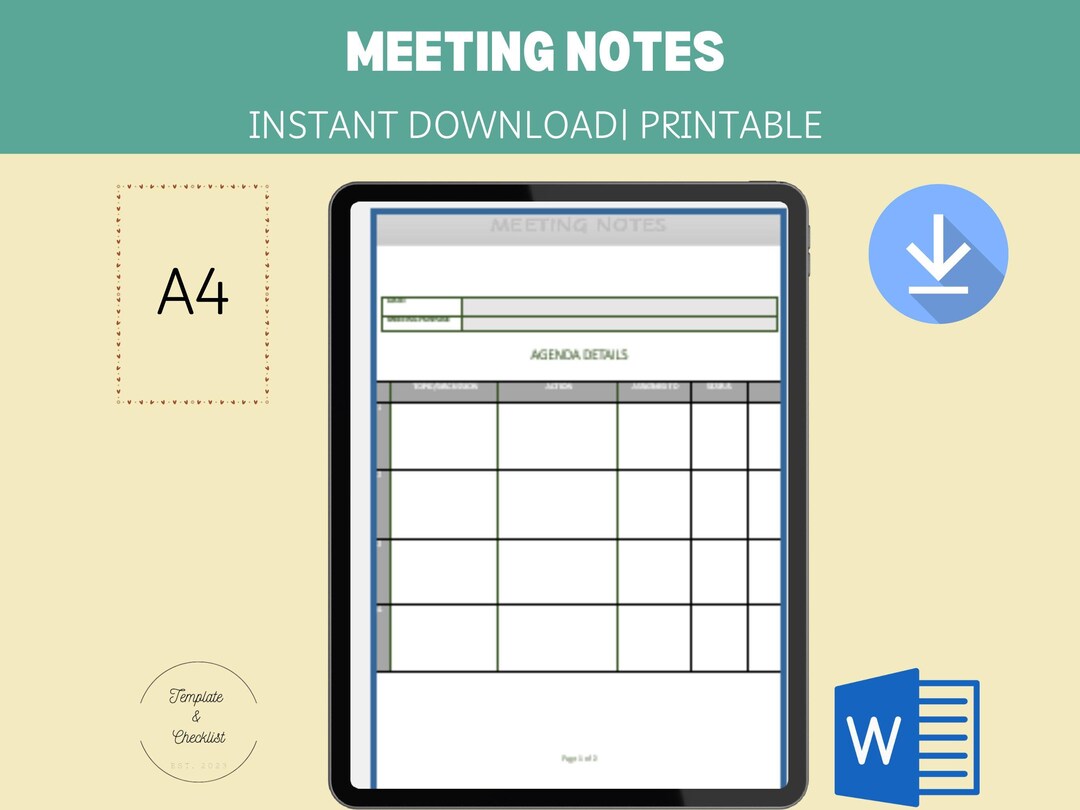 A4 Meeting Notes Template: MS Word Printable (digital Download) - Etsy
